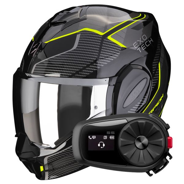 Pack Casque + Kit bluetooth et intercom : Scorpion Exo Tech Evo Animo Black Neon Yellow + Kit ...